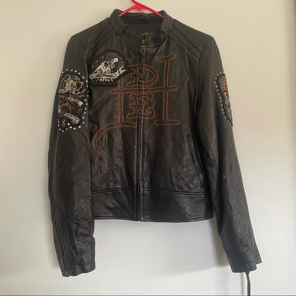 Ed Hardy | Jackets & Coats | Ed Hardy Genuine Brown Leather Jacket ...
